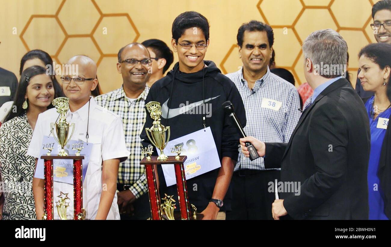 SPELLING THE DREAM, (aka BREAKING THE BEE), holding awards, from left: Raksheet Kota, Shourav ...