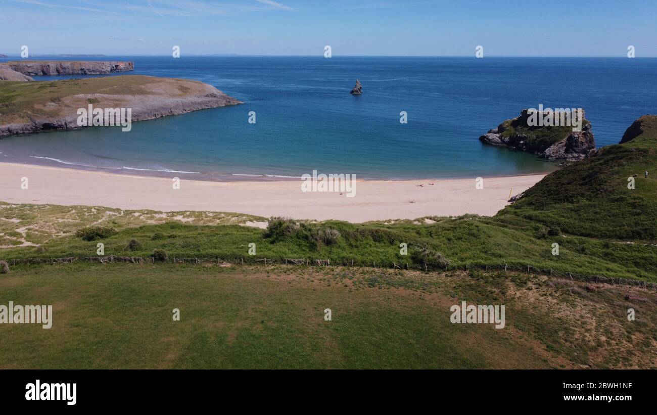Aerial view of Broad Haven South beach, barafundle bay near Bosherston ...