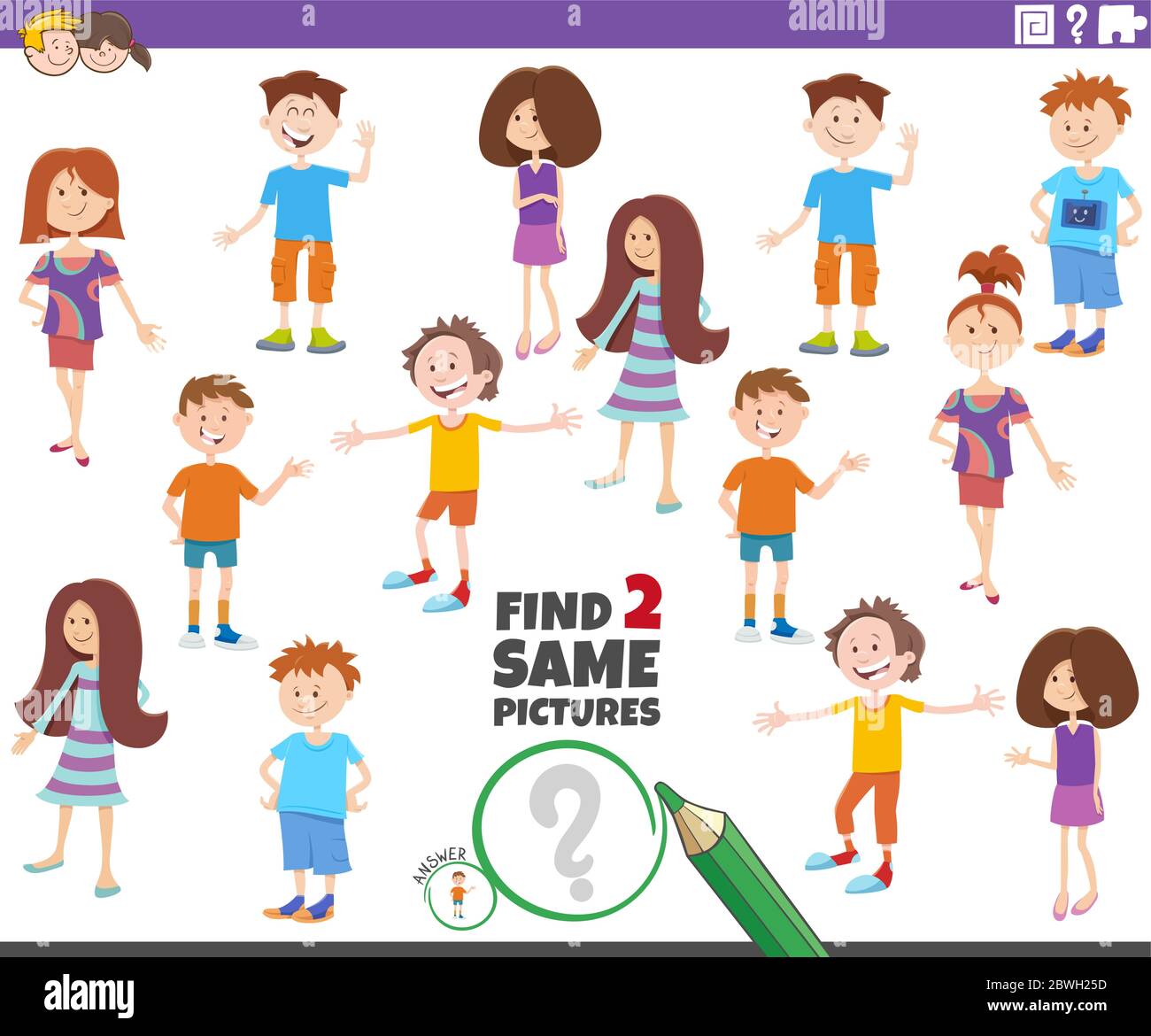 Cartoon Illustration of Find Two Same Pictures Educational Game with ...