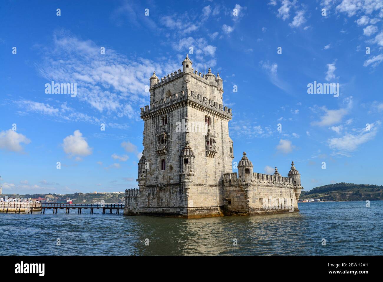 View at the Belem tower or Torre de Belem of Portuguese Manueline style ...