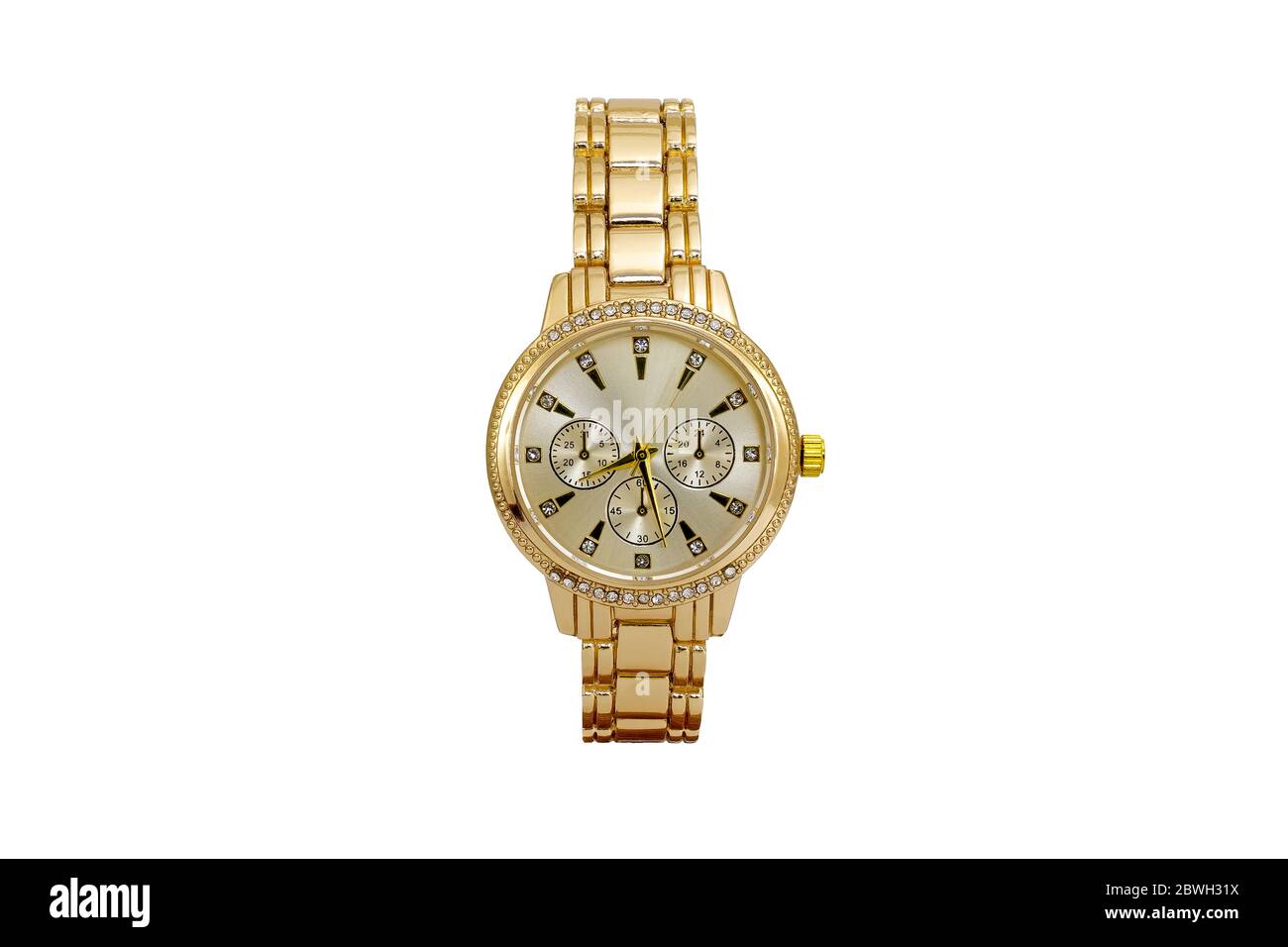 Gold colored chronograph wristwatch with metal oyster bracelet and ...