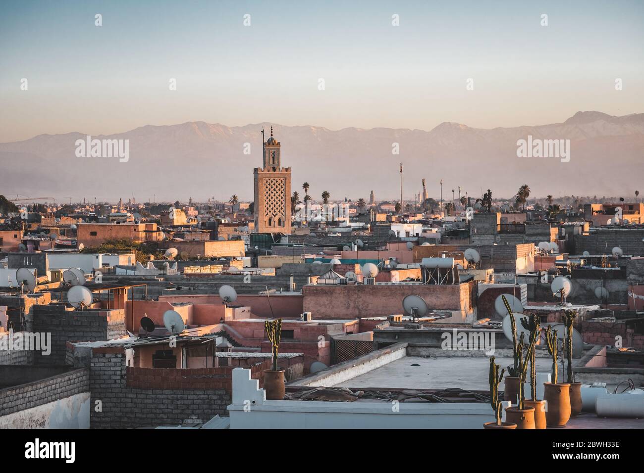 View Marrakech during sunset with the snow-covered Atlas mountains in ...