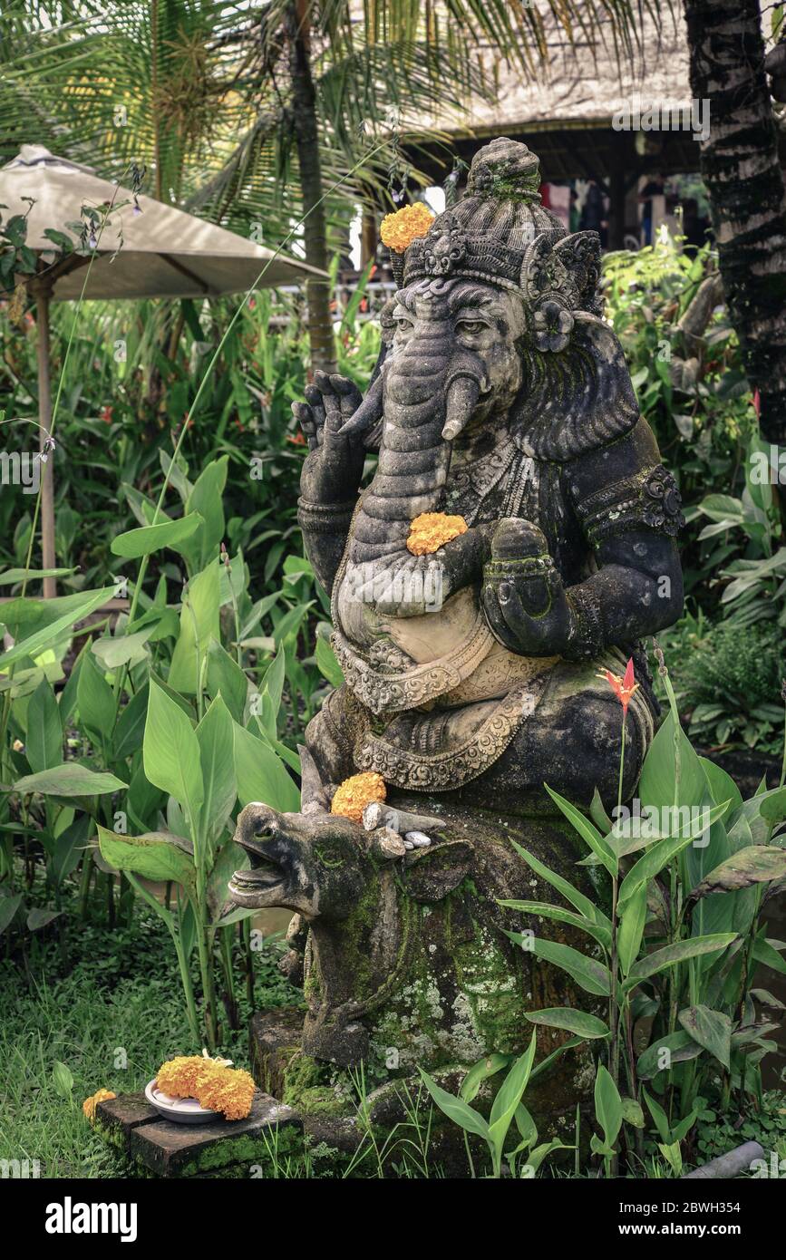 Stone Ganesha statue with orange flowers decorated for religious ...