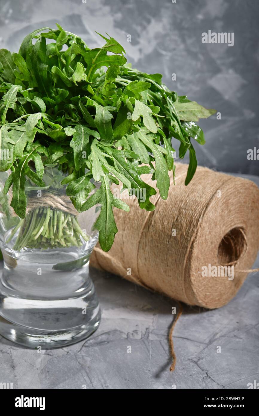 A bunch of fresh arugula in a glass vase with water, against the ...