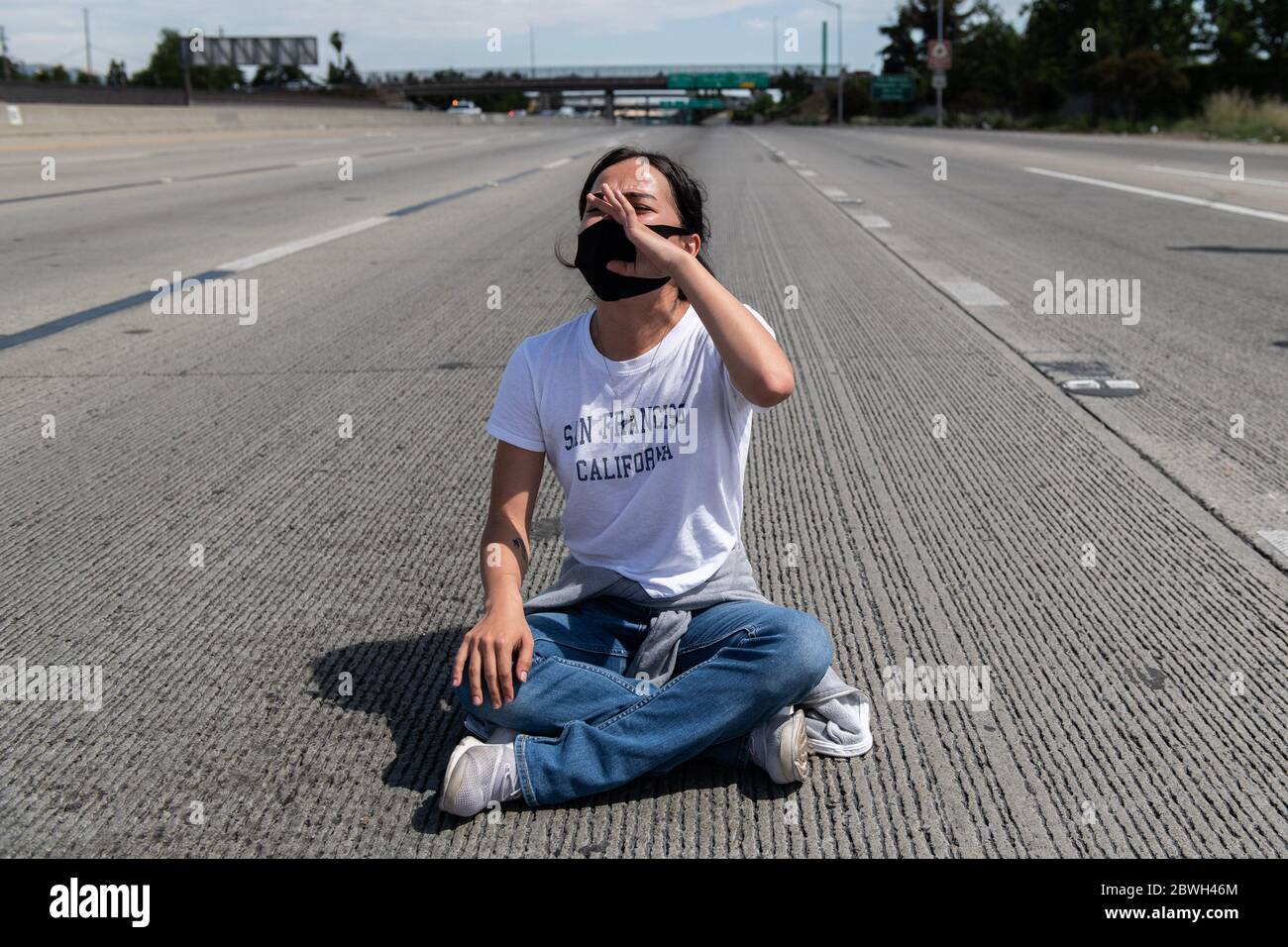 San Jose, Ca. 29th May, 2020. A protestor demonstrates while they shut ...