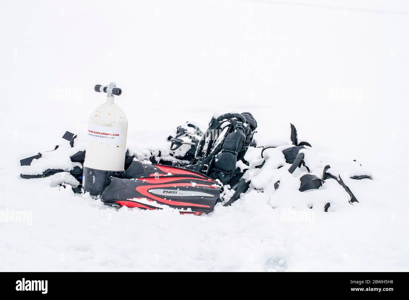 Diving gear under the snow that has fallen in the night, only in ...