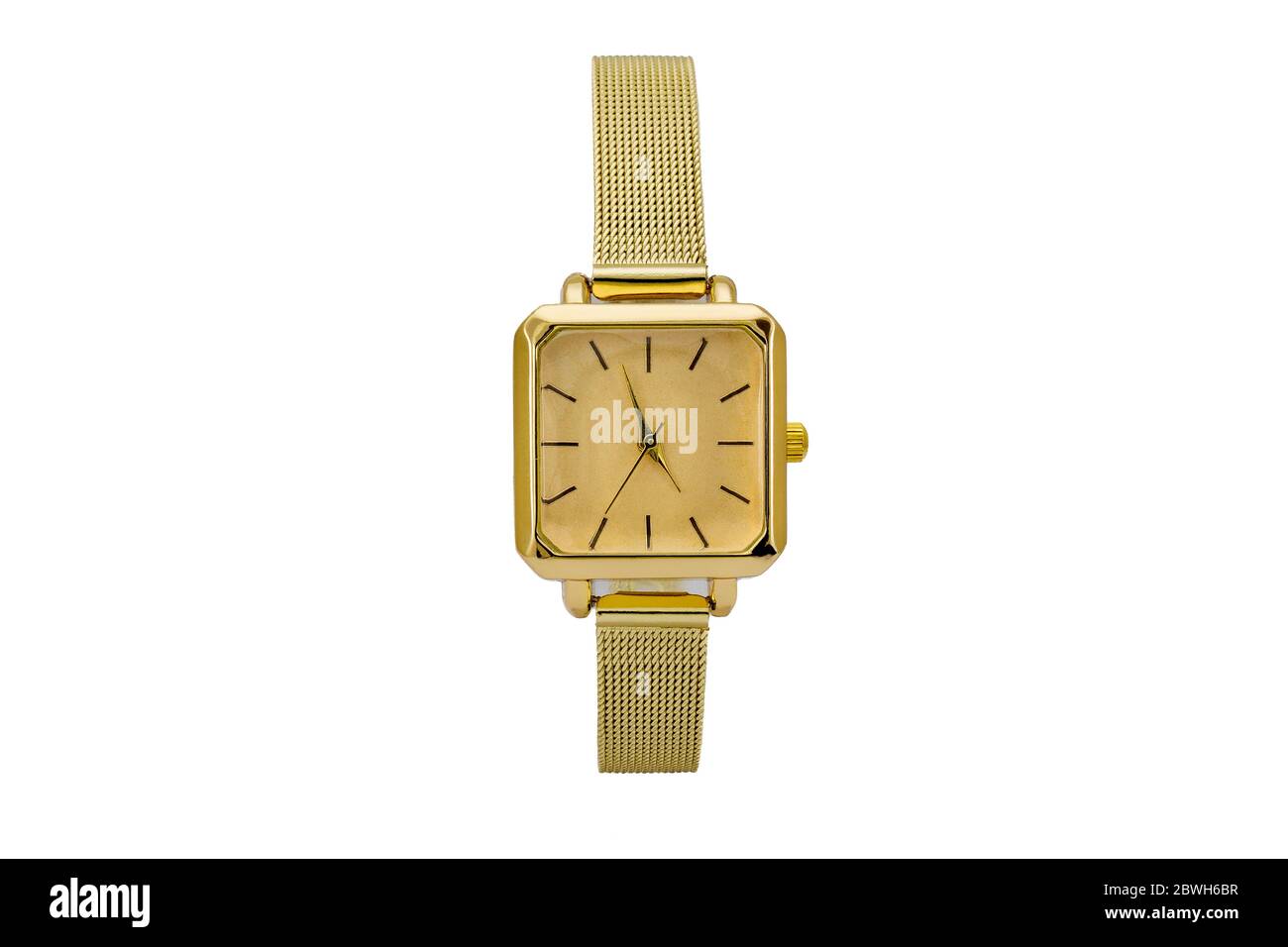 Classic square golden dress wristwatch with yellow matte metal mesh ...