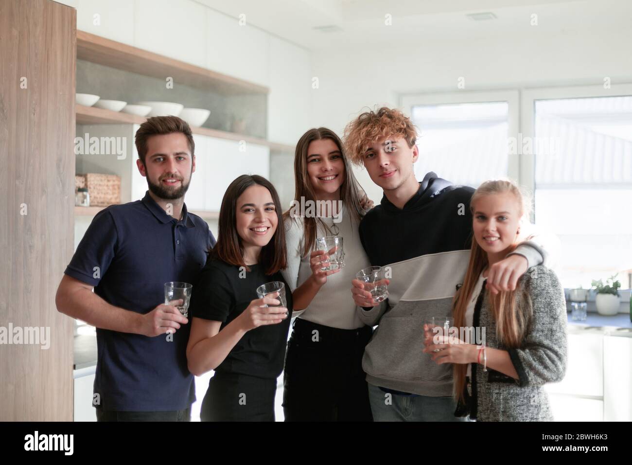 Happy group of friends at home having drinks Stock Photo - Alamy