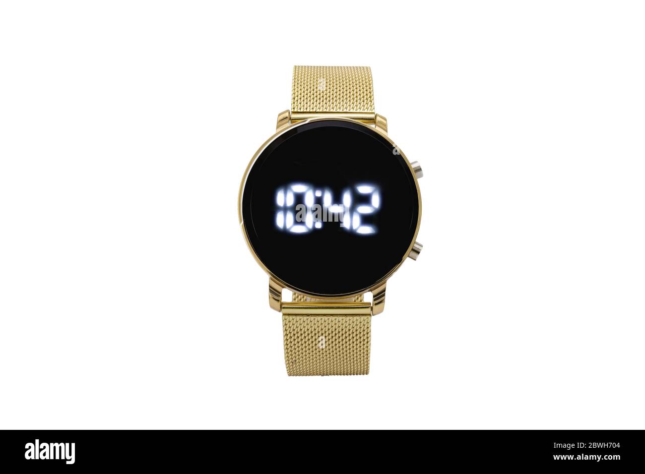 Round smartwatch with golden mesh metal style strap, black dial face ...