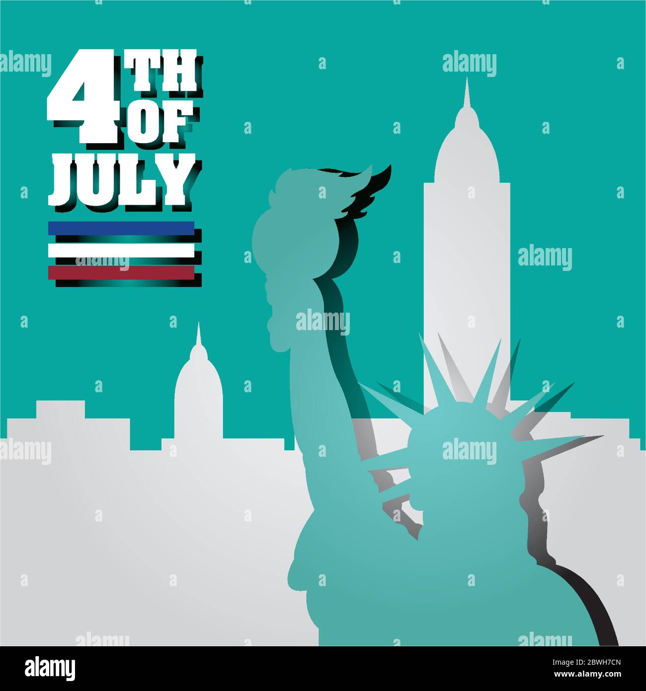 Liberty statue in front of city buildings of 4th july vector design ...