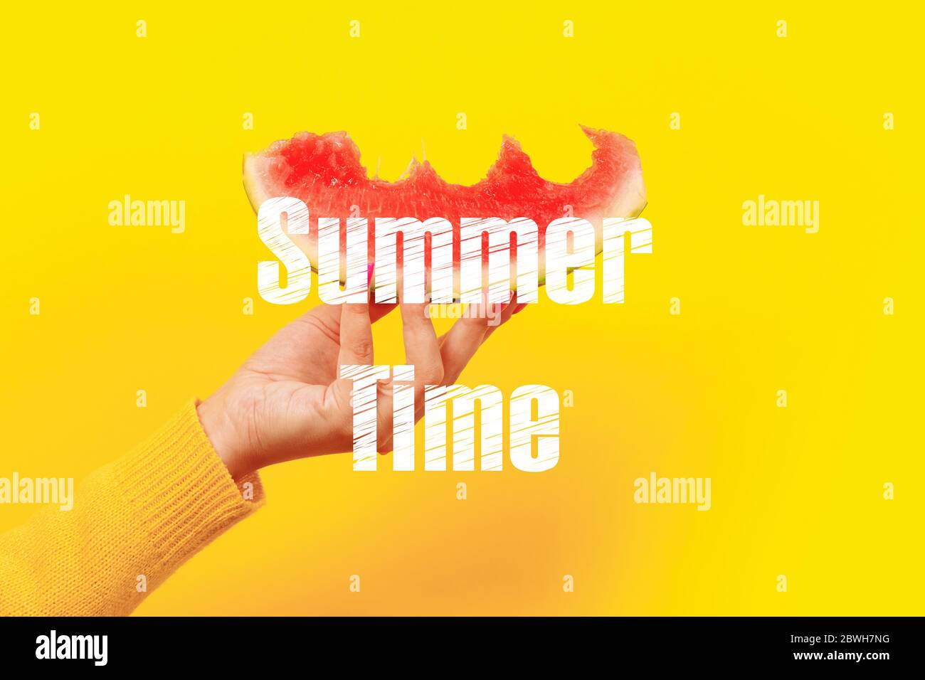 bitten watermelon slice in hand with summer time inscription Stock ...