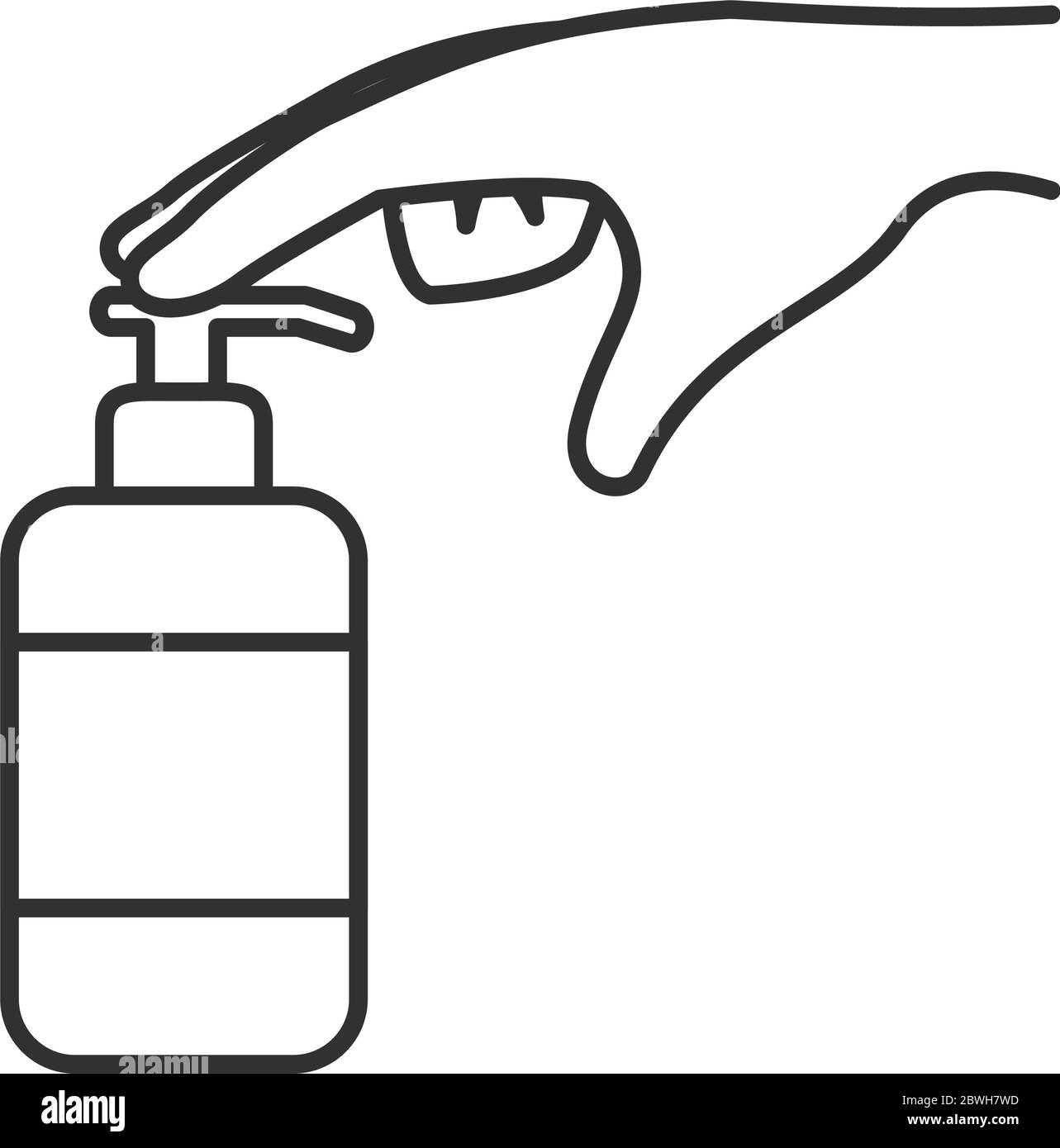 hand pushing a bottle of soap over white background, line style, vector ...