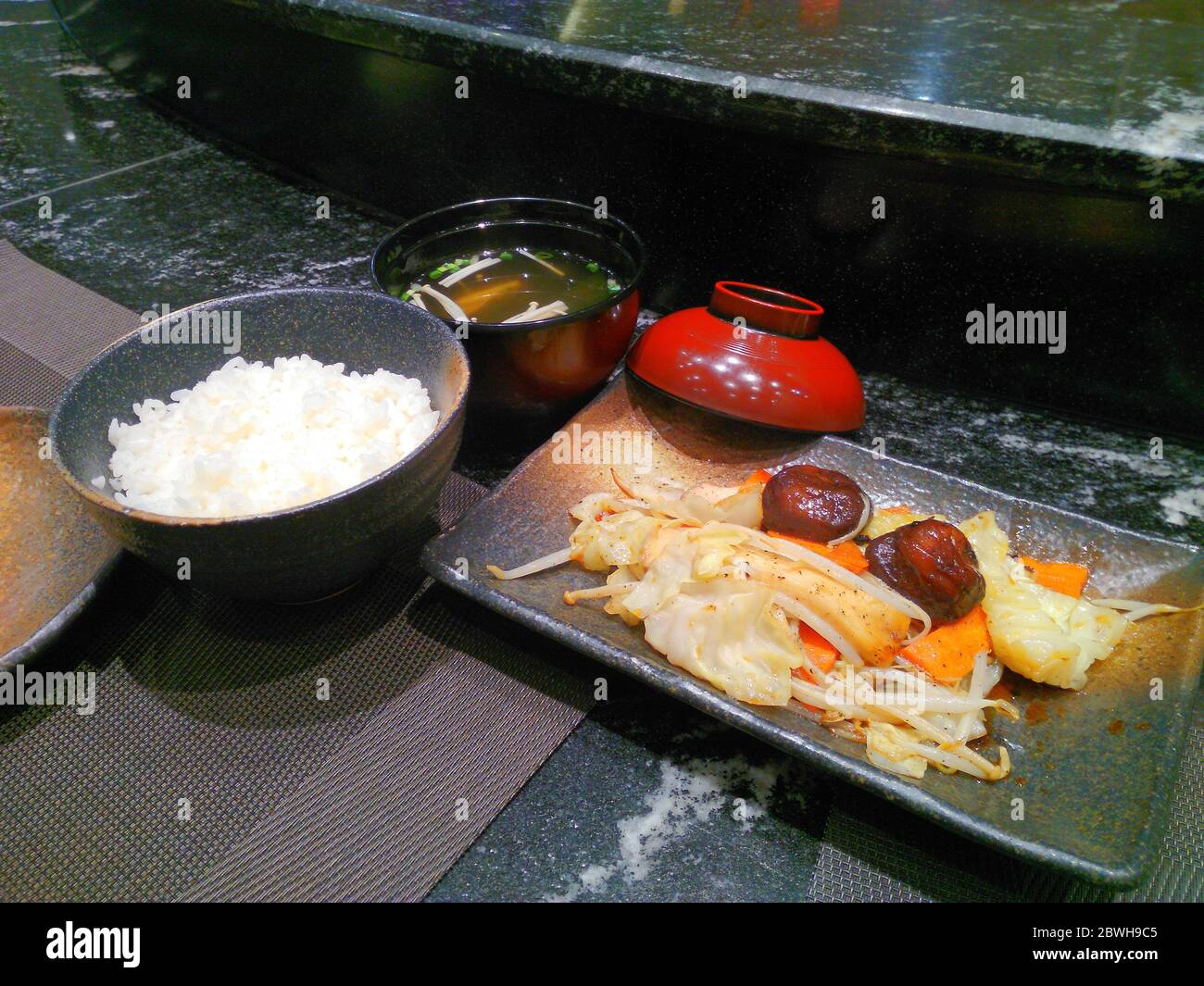 Stir Fried Vegetables in Japanese Soy Sauce Rice and algae soup Stock ...