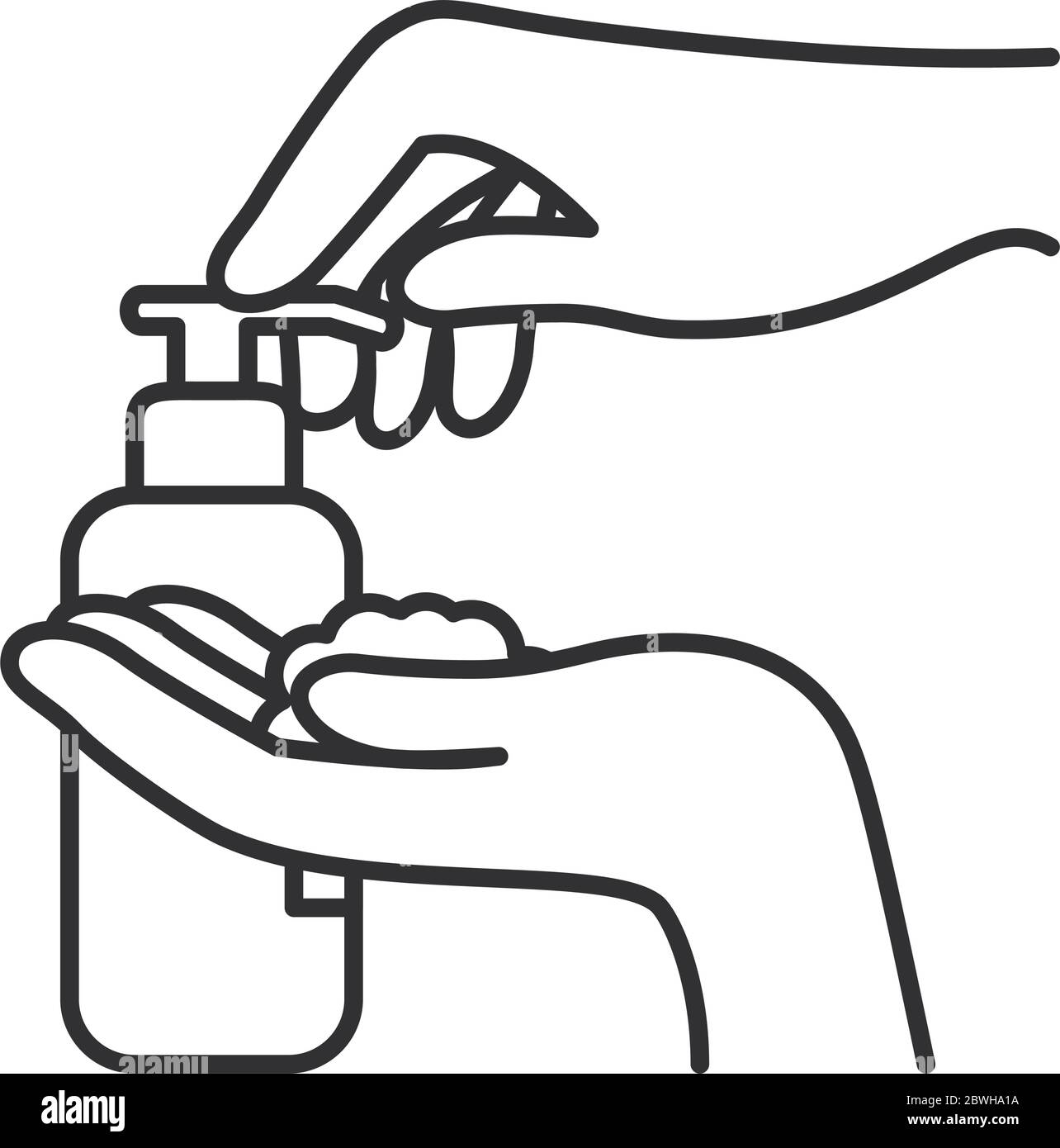 hands pushing a soap bottle icon over white background, line style ...