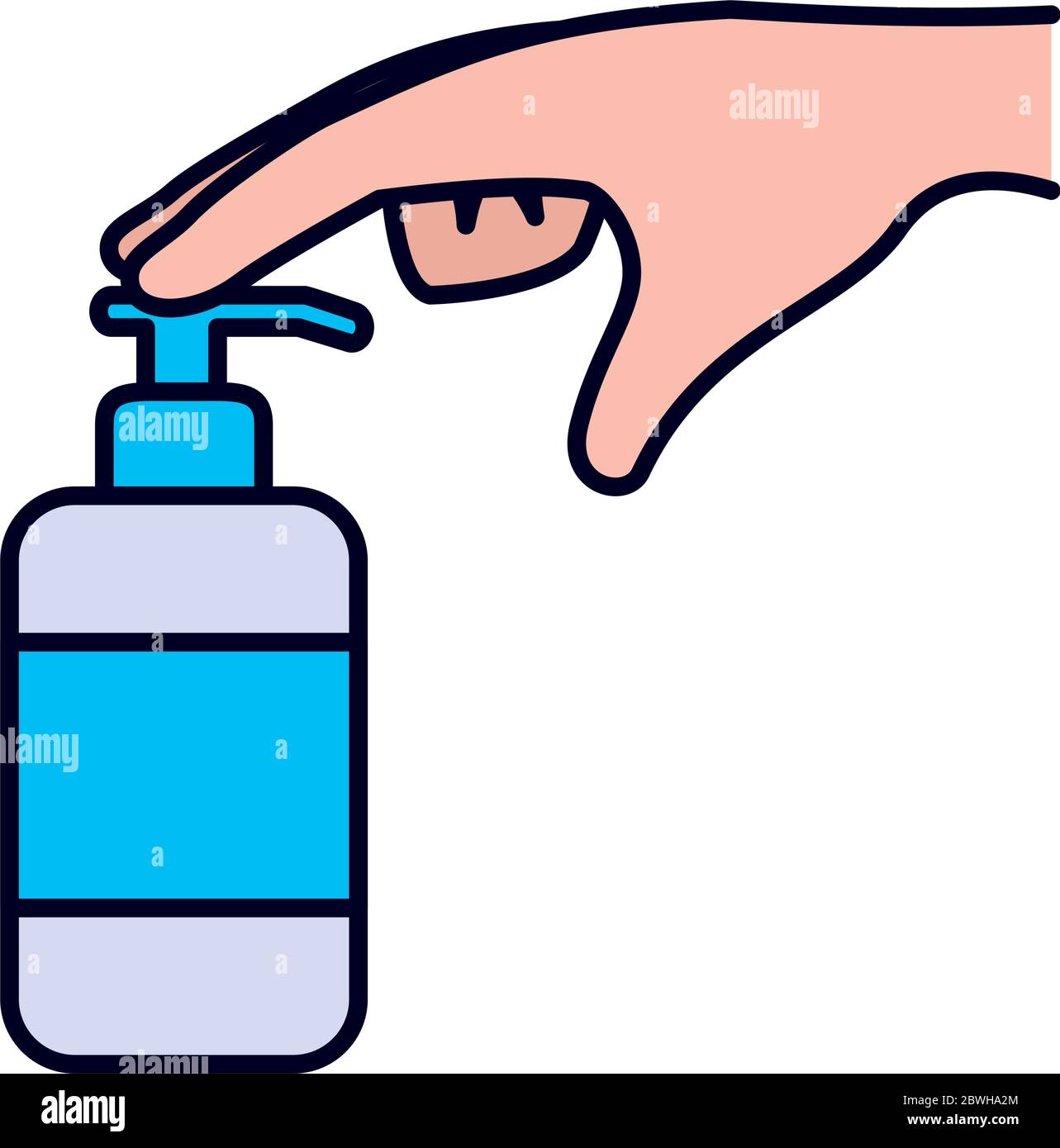 hand pushing a bottle of soap over white background, line and fill ...