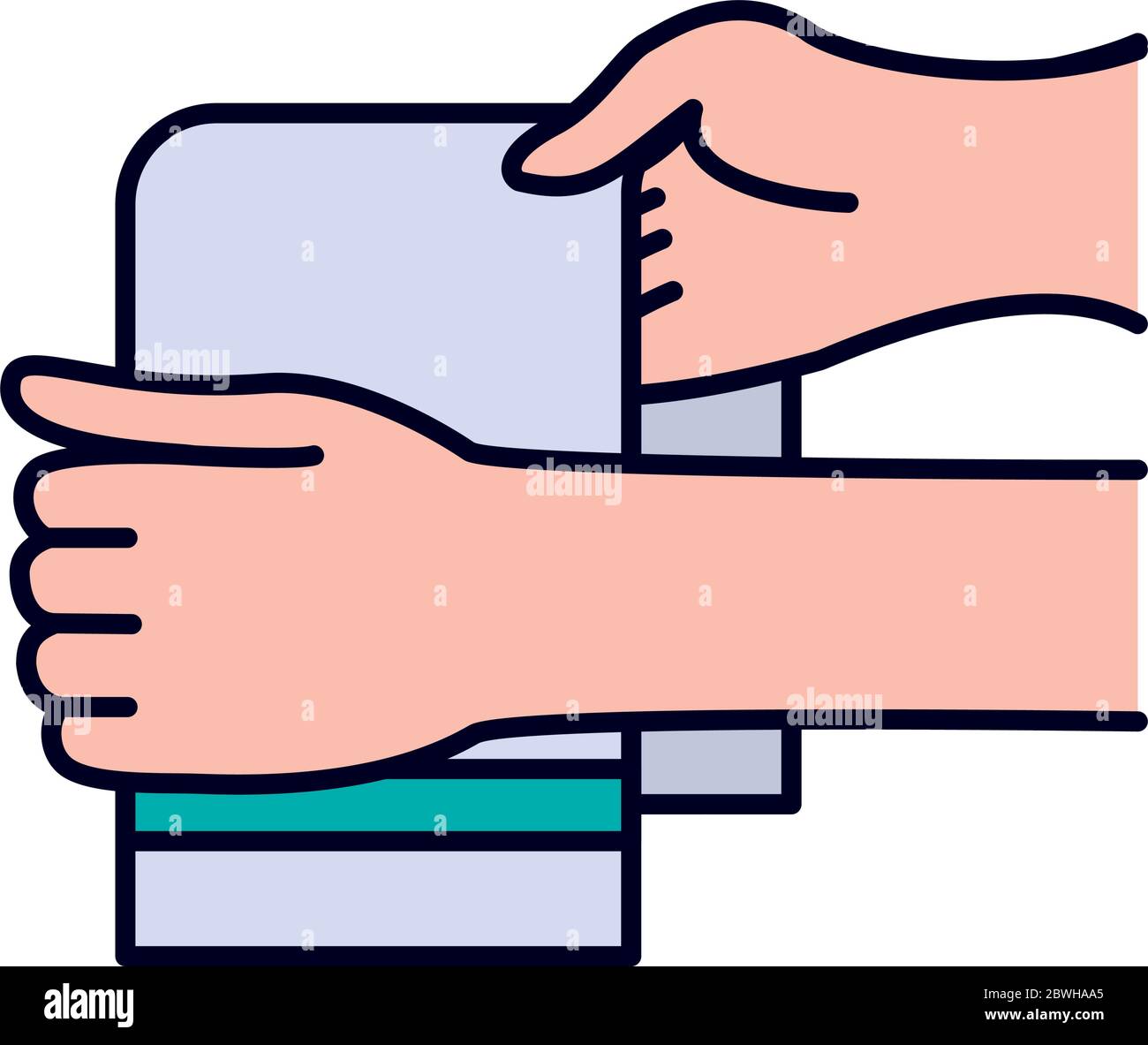 handswashing concept, hands drying off with a towel over white ...