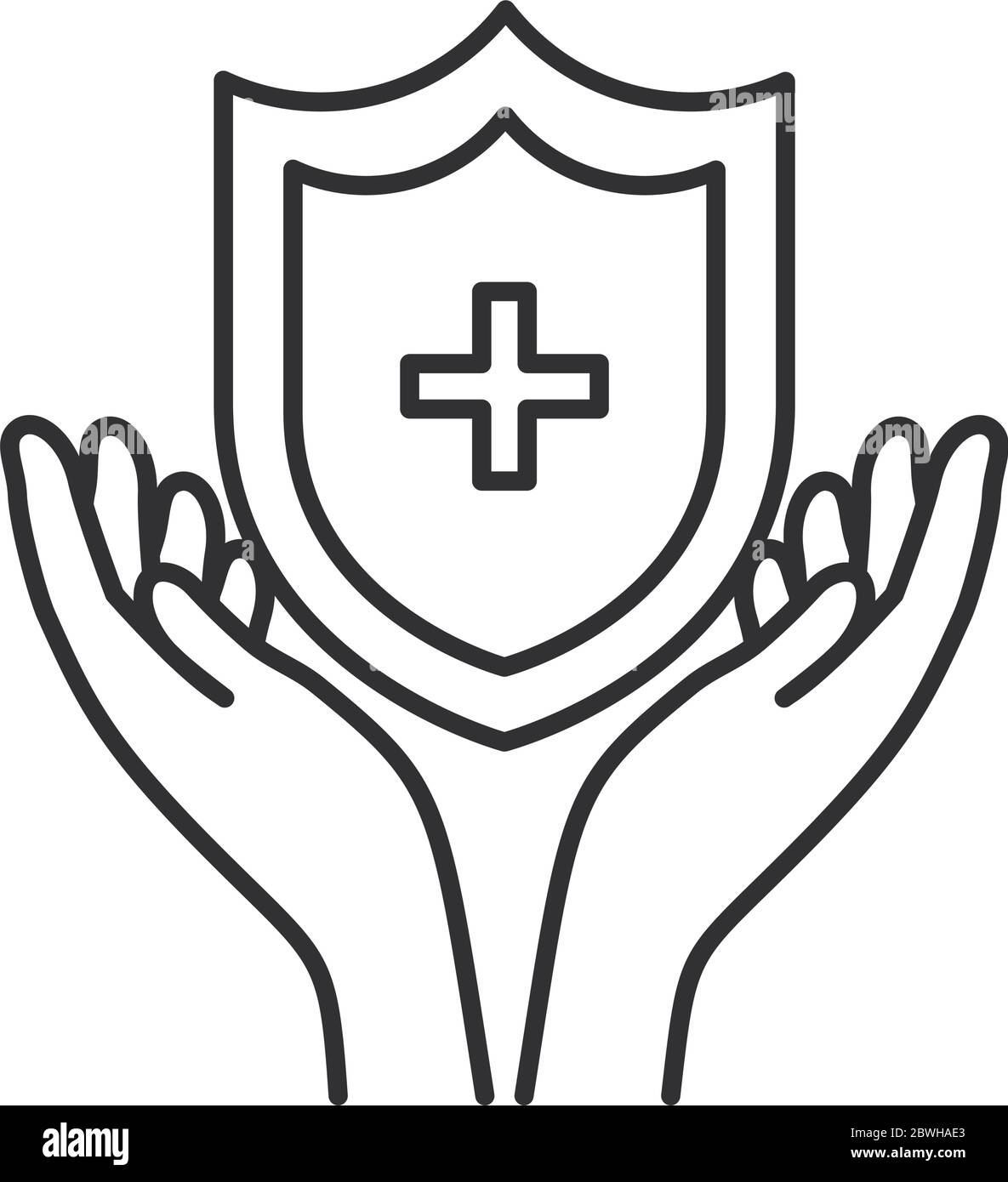 hands and shield with medical cross icon over white background, line ...