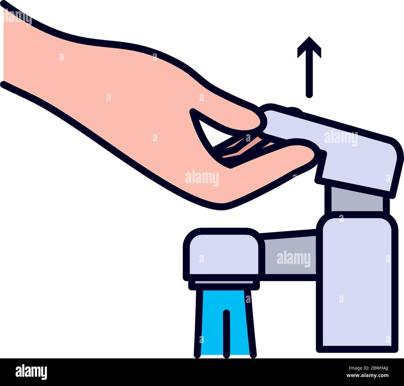 hand holding up a water faucet icon over white background, line and ...