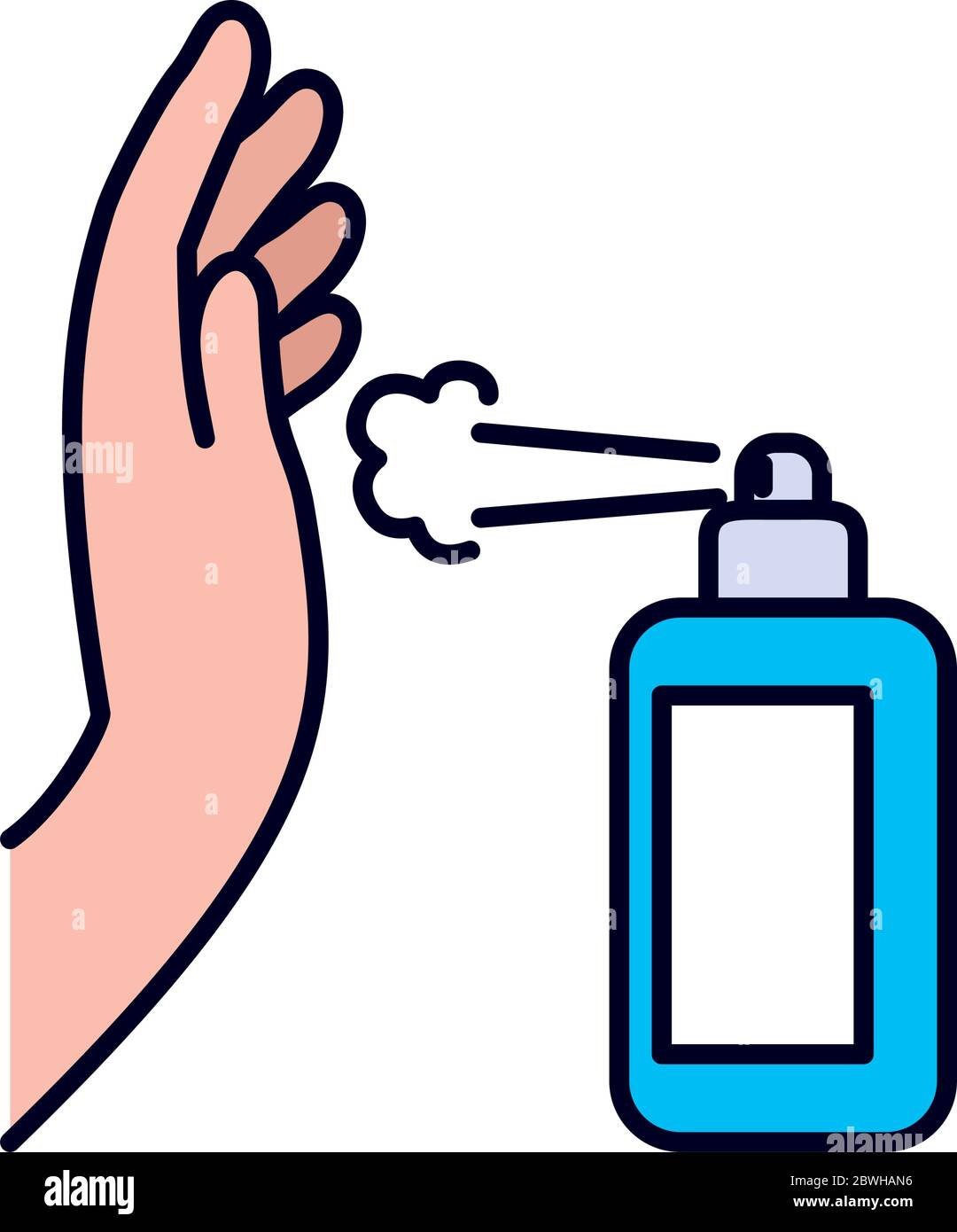 hand with antibacterial spray can over white background, line and fill ...
