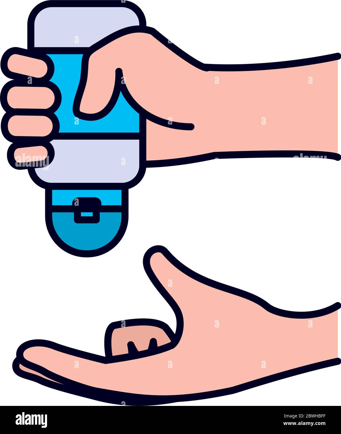 hand holding a soap bottle icon over white background, line and fill ...
