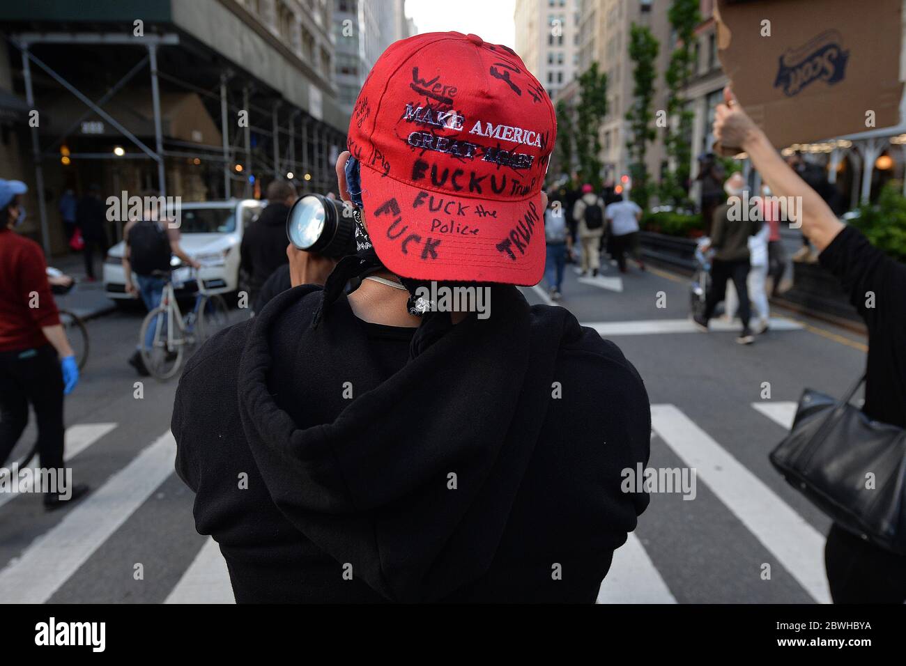 New York City, USA. 01st June, 2020. A protestor wearing a decorated ...