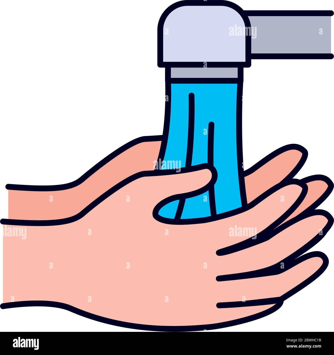 handwashing concept, hands and water faucet over white background, line ...