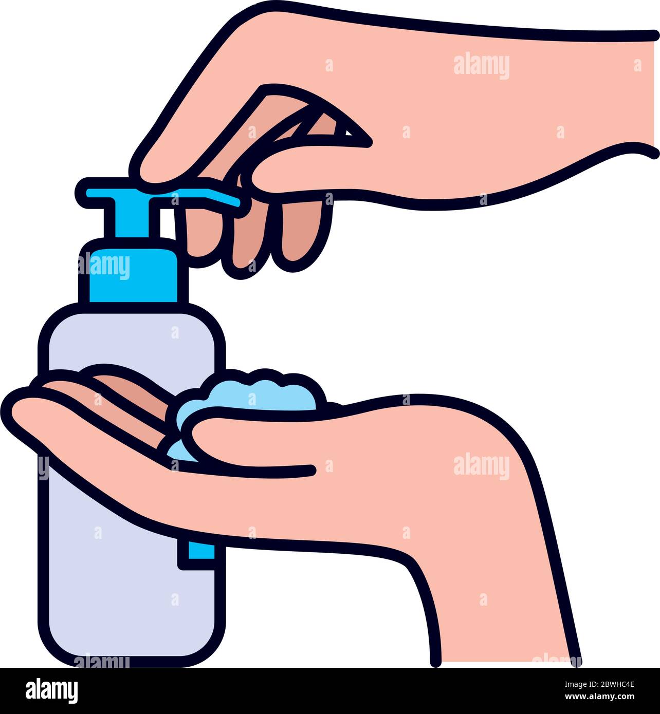 hands pushing a soap bottle icon over white background, line and fill ...