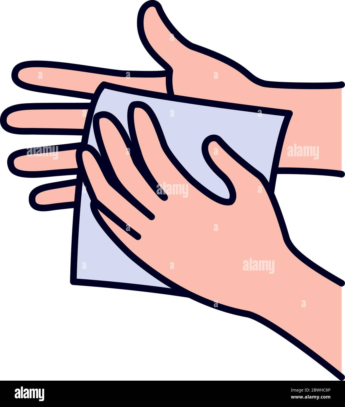 hands drying off with a paper towel over white background, line and ...