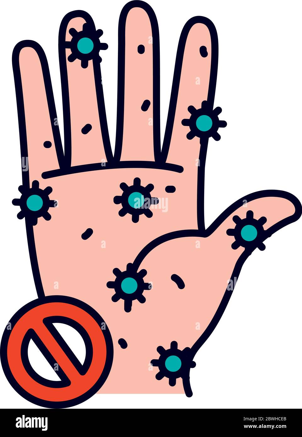 infected hand with coronavirus and forbidden sign over white background ...