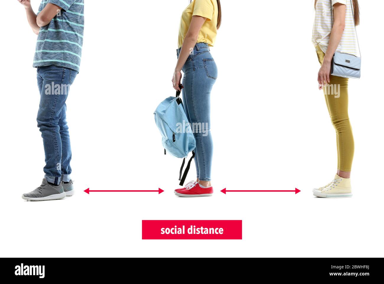 Young people waiting in line with social distance on white background ...