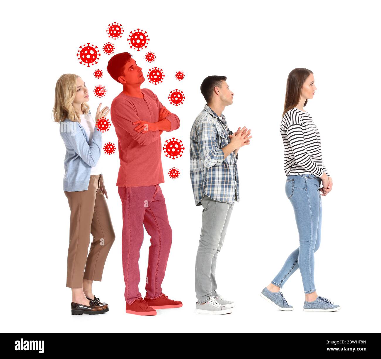 Infected man with other people waiting in line. Concept of epidemic ...