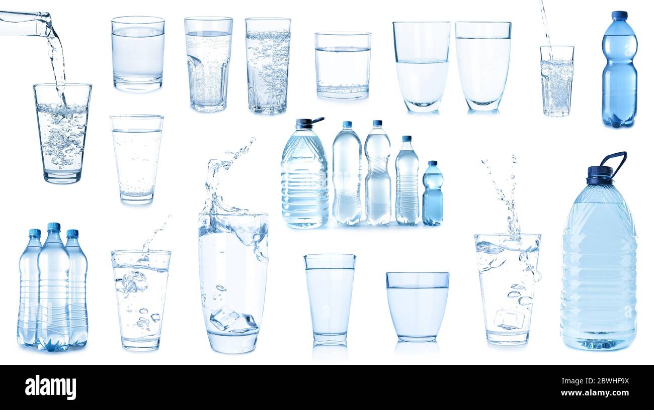 Collage with fresh water in glasses and bottles on white background ...