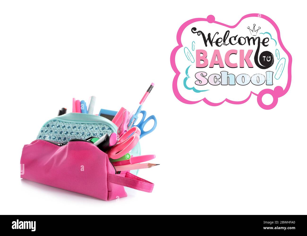 Pencil bags with stationery and text WELCOME BACK TO SCHOOL on white ...