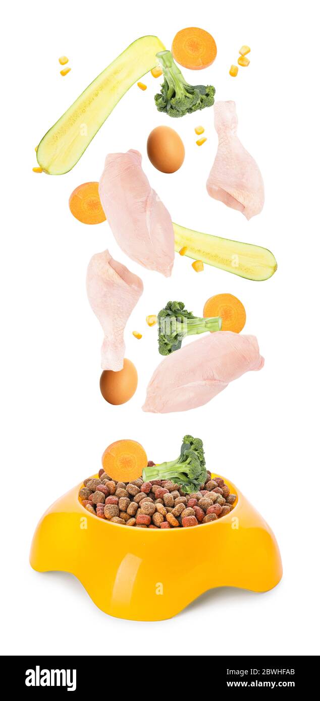 Different pet food falling into bowl against white background Stock ...