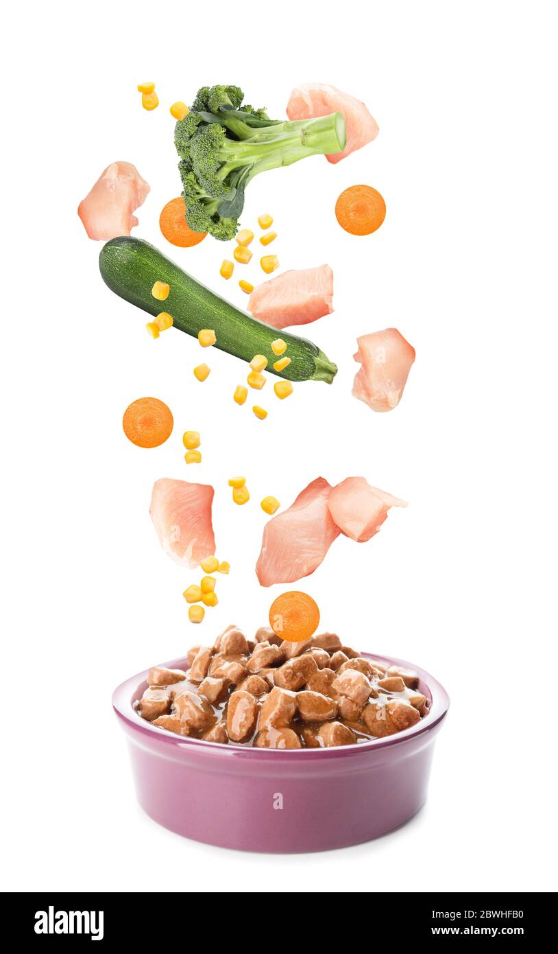 Different pet food falling into bowl against white background Stock ...