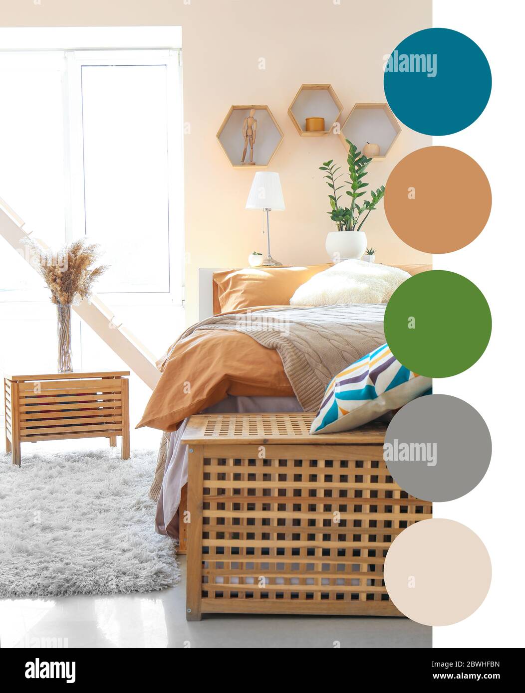 Interior of beautiful modern room with comfortable bed. Different color ...