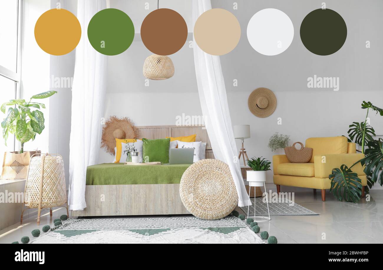 Interior of beautiful modern bedroom. Different color patterns Stock ...