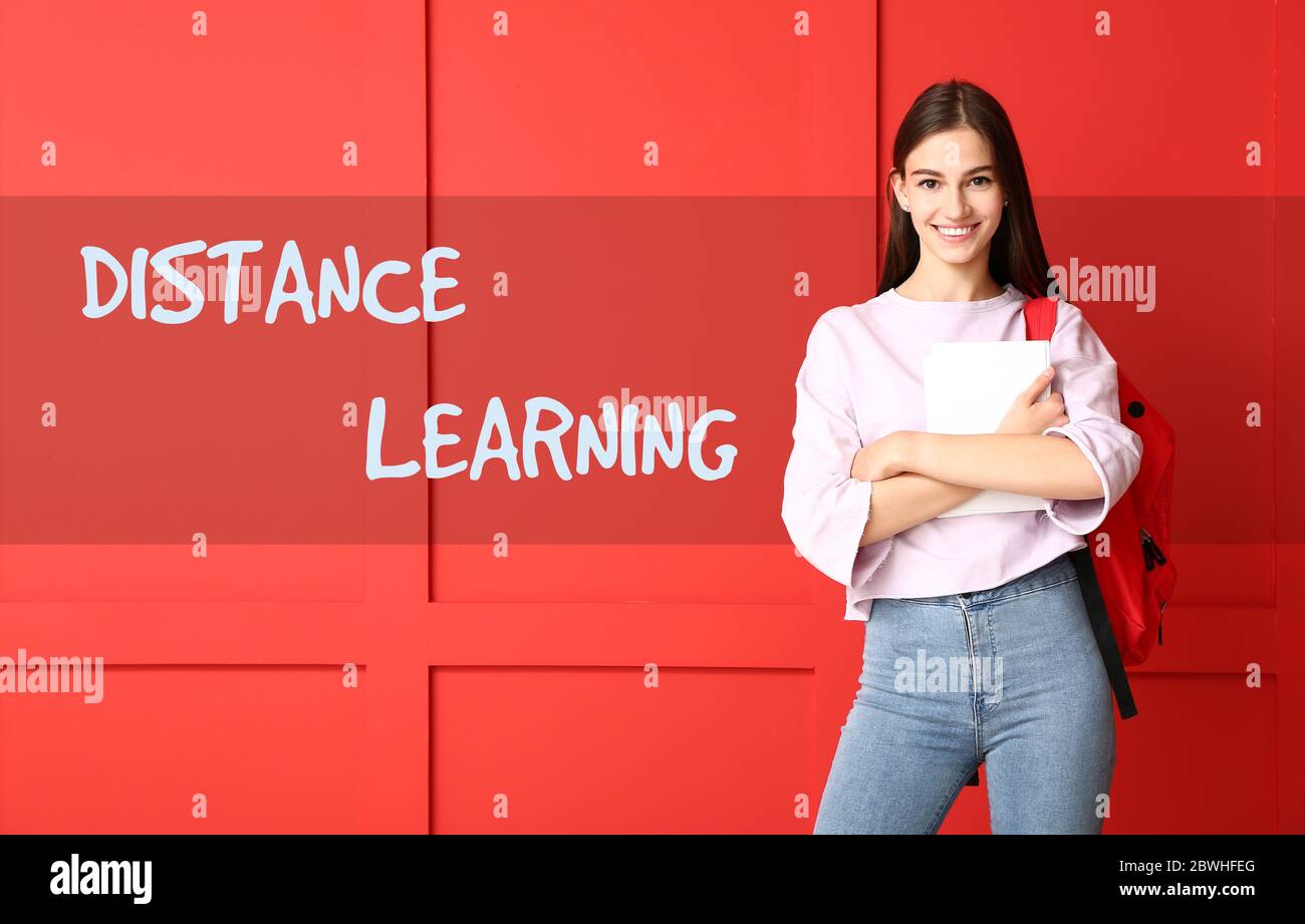 Beautiful female student on color background. Concept of distance ...