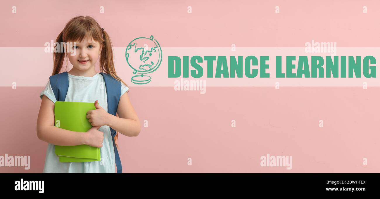 Cute little schoolgirl on color background. Concept of distance ...