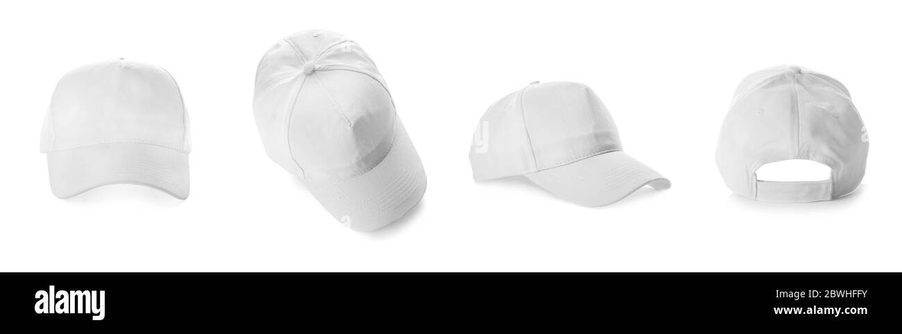 Set of stylish caps on white background Stock Photo - Alamy