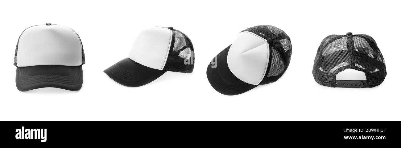 Set of stylish caps on white background Stock Photo - Alamy