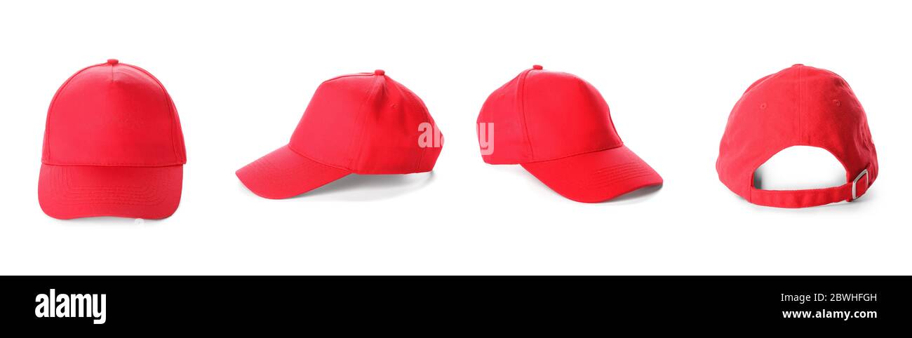 Set of stylish caps on white background Stock Photo - Alamy