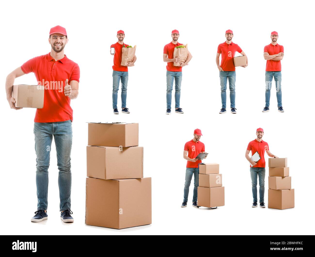 Set of handsome delivery men on white background Stock Photo - Alamy