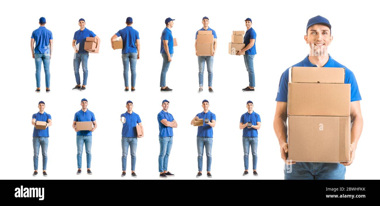 Set of handsome delivery men on white background Stock Photo - Alamy