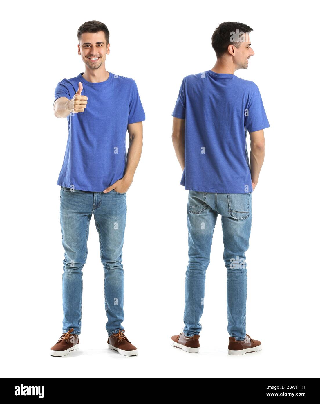 Man in stylish t-shirt on white background. Front and back view Stock ...
