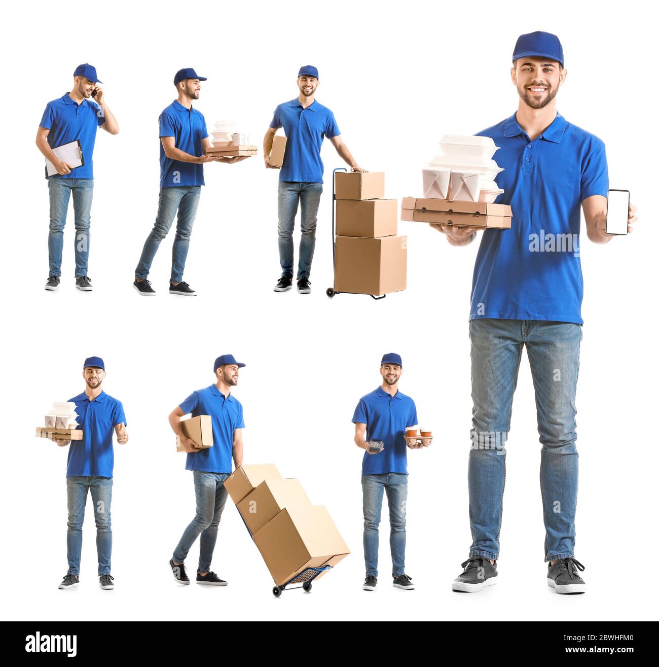 Set of handsome delivery men on white background Stock Photo - Alamy