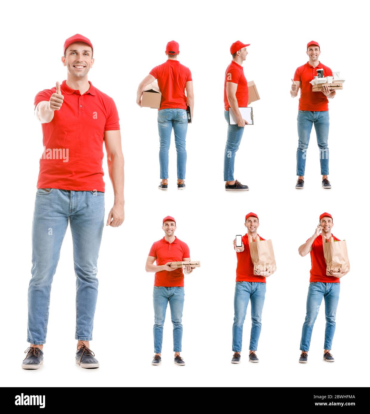 Set of handsome delivery men on white background Stock Photo - Alamy