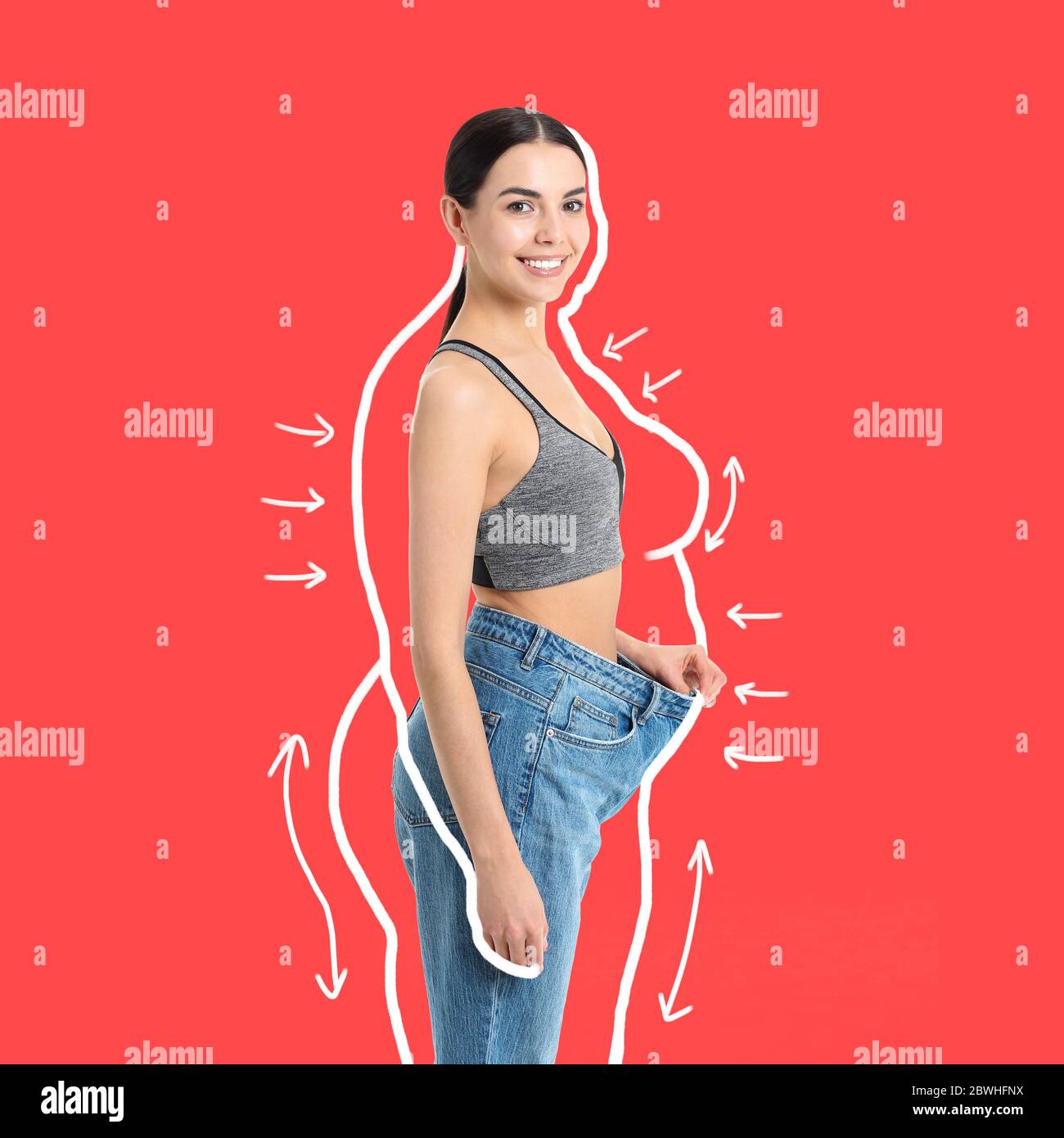 Young woman in loose clothes after weight loss on color background ...