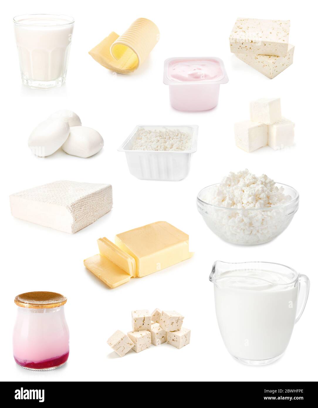 Set of different dairy products on white background Stock Photo - Alamy