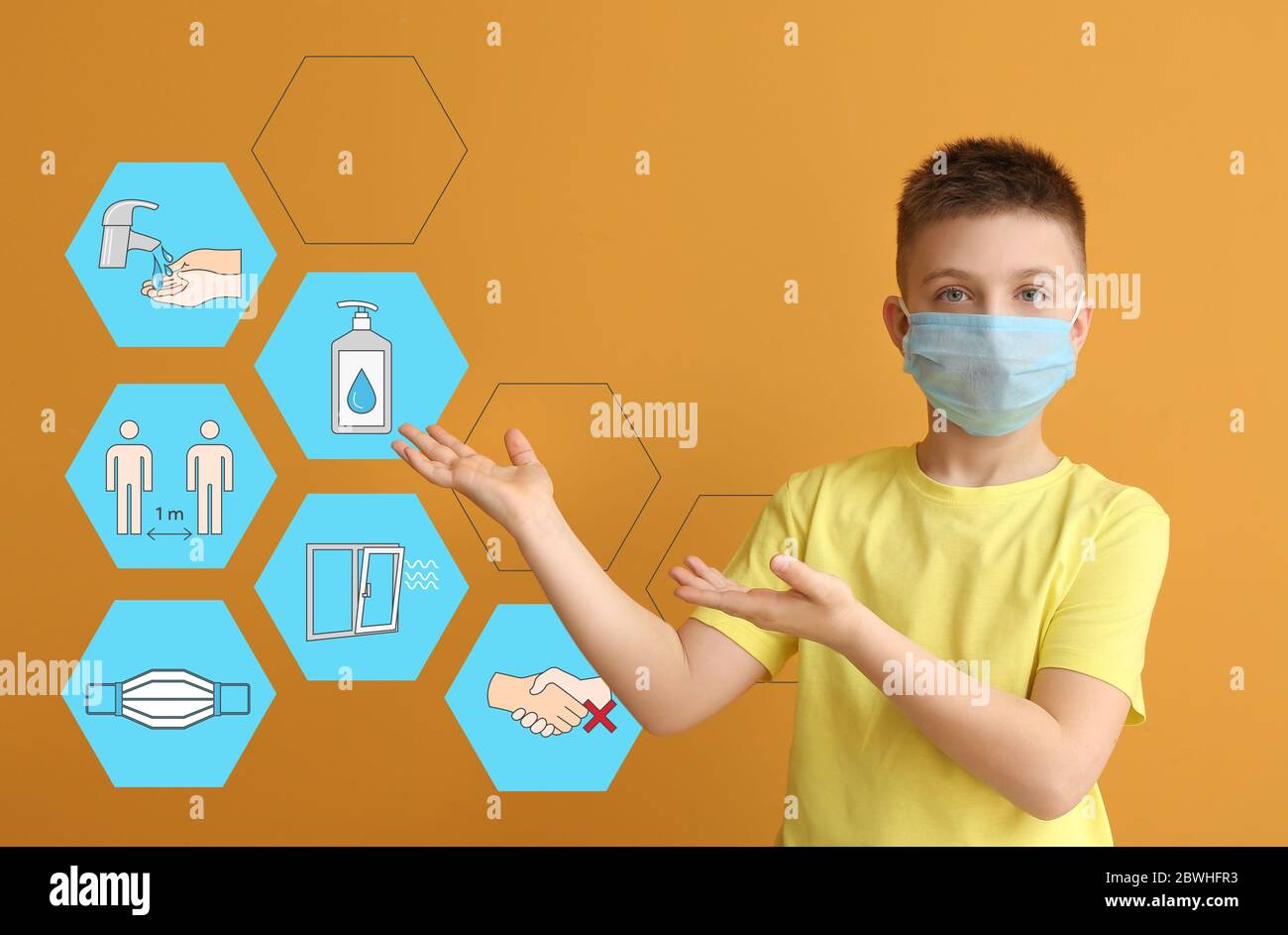 Little boy in protective medical mask and with tips for social ...